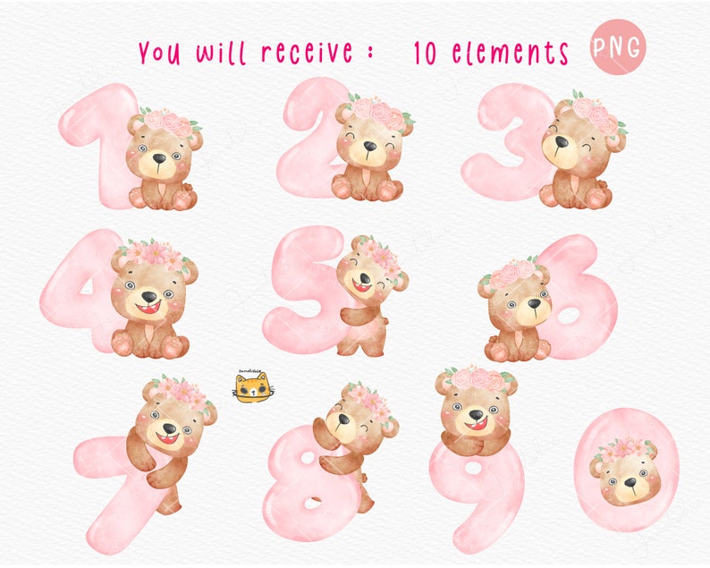 Pink Birthday Bear Numbers Watercolor PNG Baby Girl Animal - Etsy