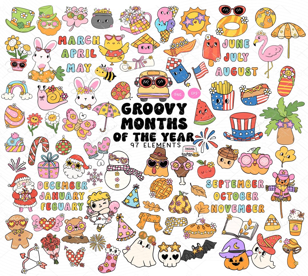 Groovy Months of the Year Clipart: Retro Disco Classroom Decor (PNG EPS ...