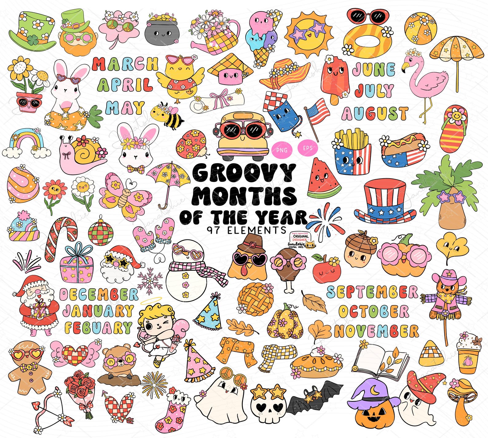 Groovy Months of the Year Clipart: Retro Disco Classroom Decor (PNG EPS ...