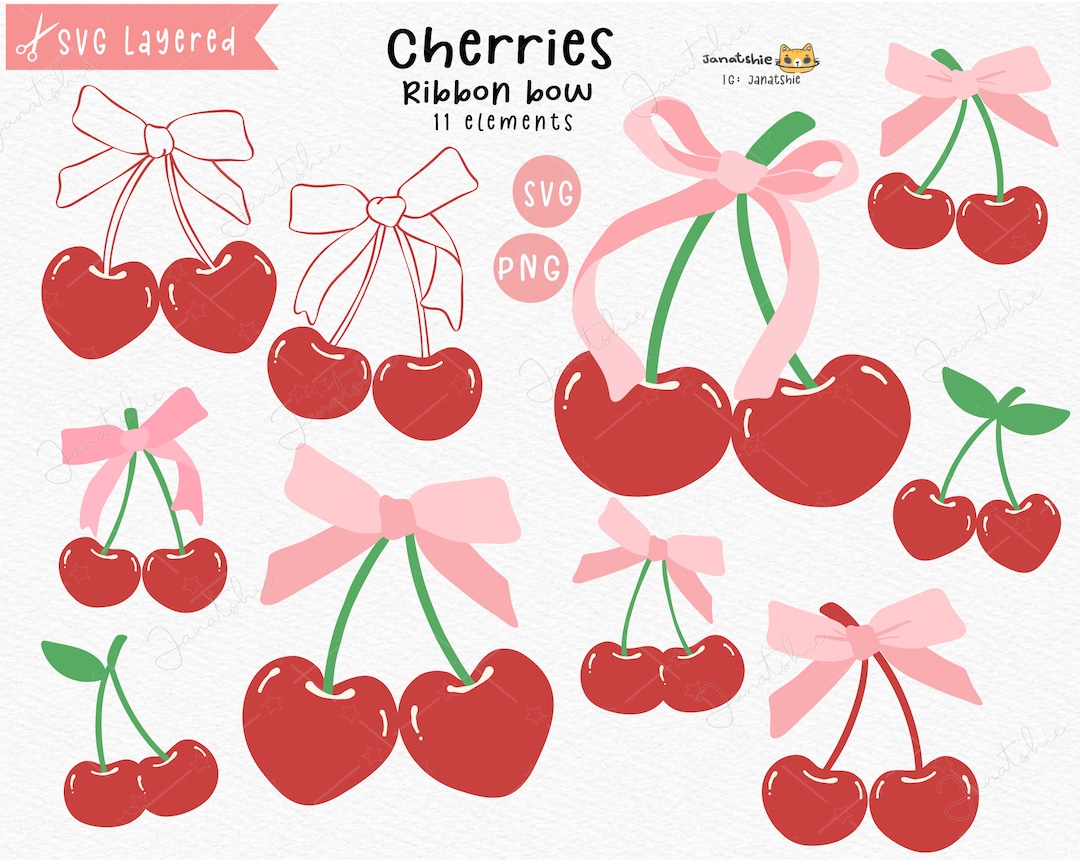 Coquette Red Cherries With Pink Bow PNG SVG Cut File - Etsy
