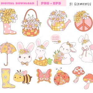 Retro Spring Png Groovy Flower Power Clipart Disco Bunny Easter Hippie ...