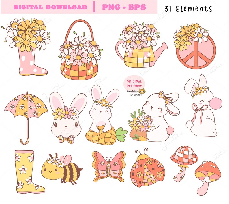 Retro Spring PNG Clipart: Groovy Easter Bunny, Rainbow Graphics ...