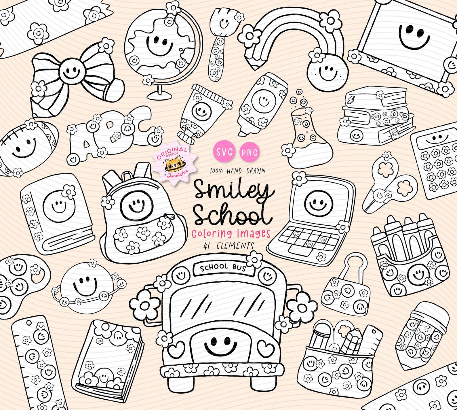 Groovy School Clipart: Retro Smile Face, School Bus, Books (SVG, PNG ...