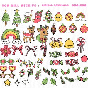 Groovy Retro Christmas Clipart Set: Santa, Reindeer & Doodles (PNG, EPS ...