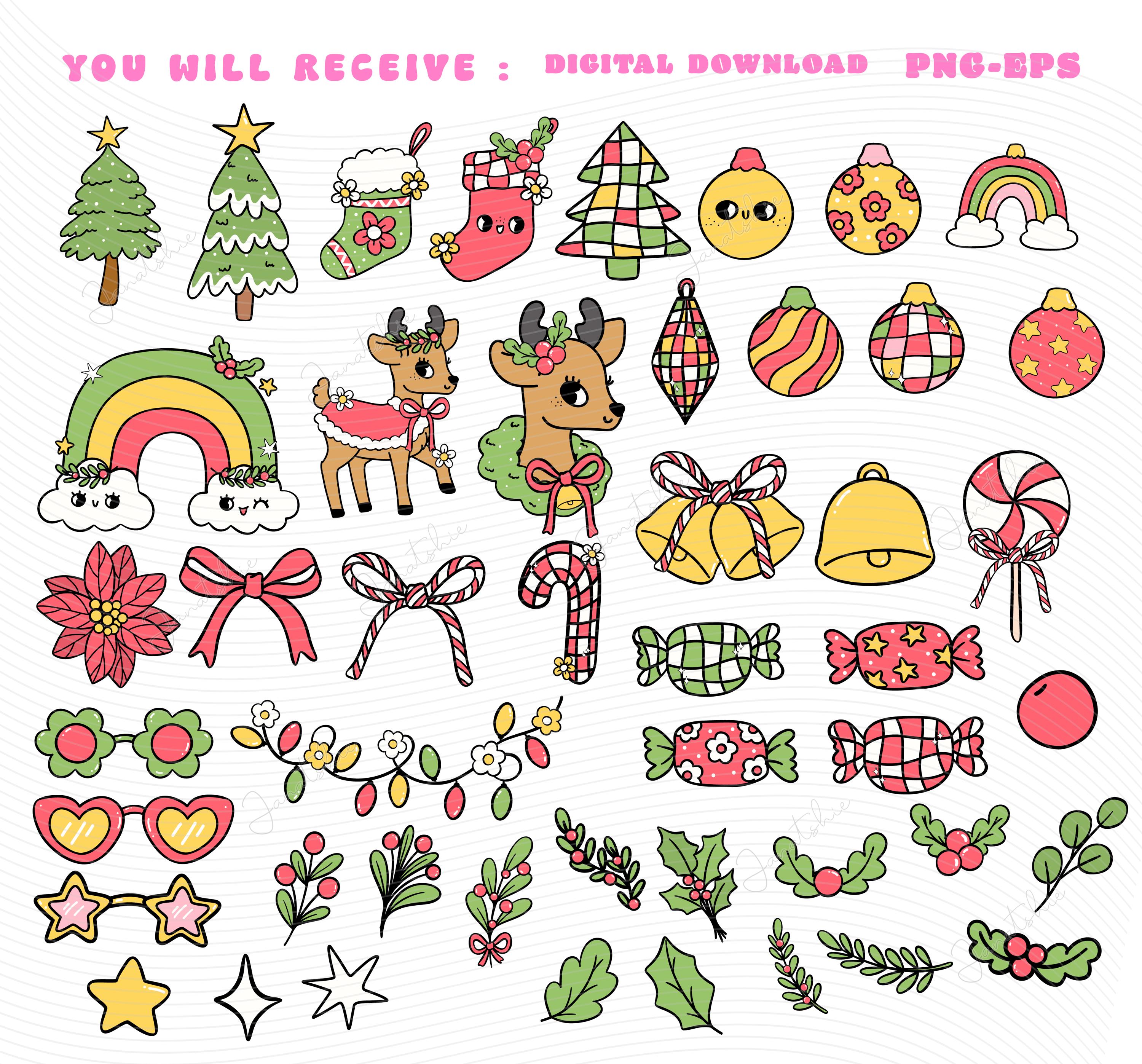 Groovy Retro Christmas Clipart Set: Santa, Reindeer & Doodles (PNG, EPS ...