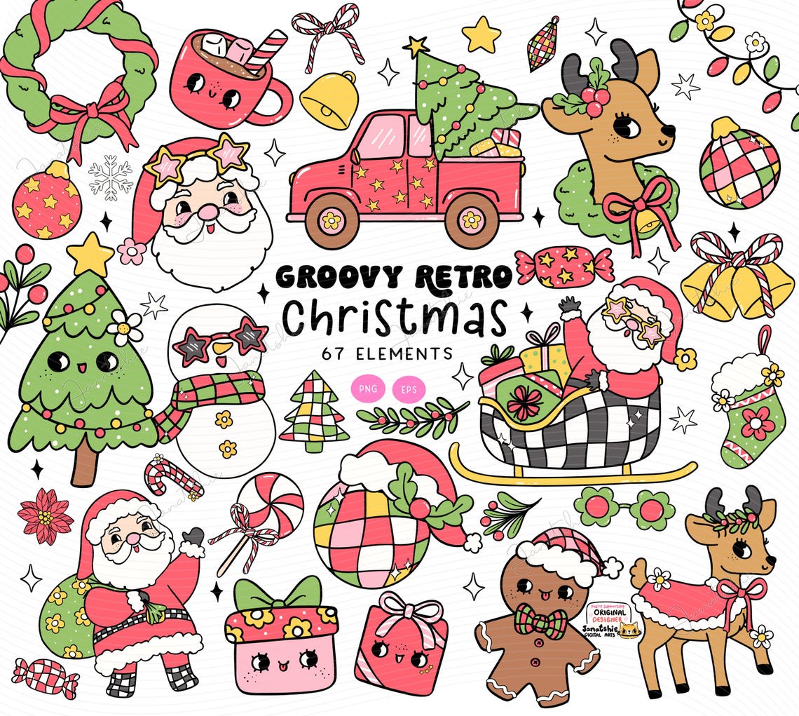 Groovy Retro Christmas Clipart Set: Santa, Reindeer & Doodles (PNG, EPS ...