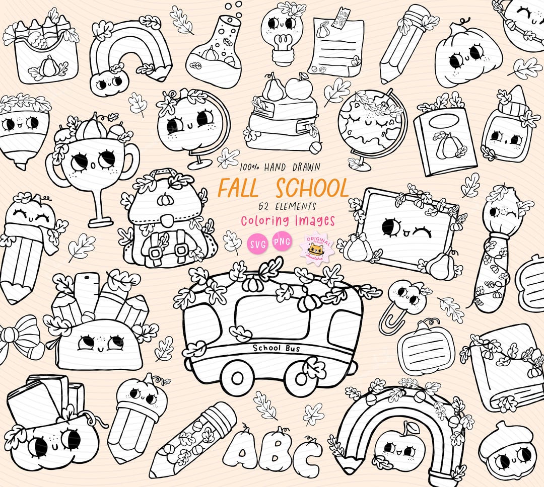 Fall School Supplies Outline Clipart: Autumn Doodles PNG SVG Set ...