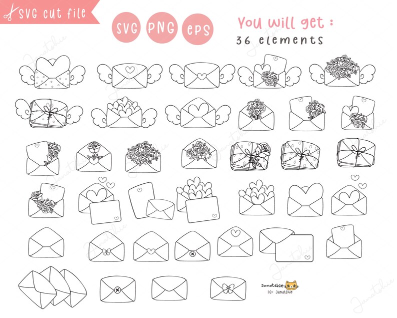 Cute Valentine Love Mail Outline Clipart Romantic Envelope - Etsy