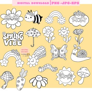Groovy Spring Digital Stamp Retro Spring Coloring Doodle Outline Hippie ...