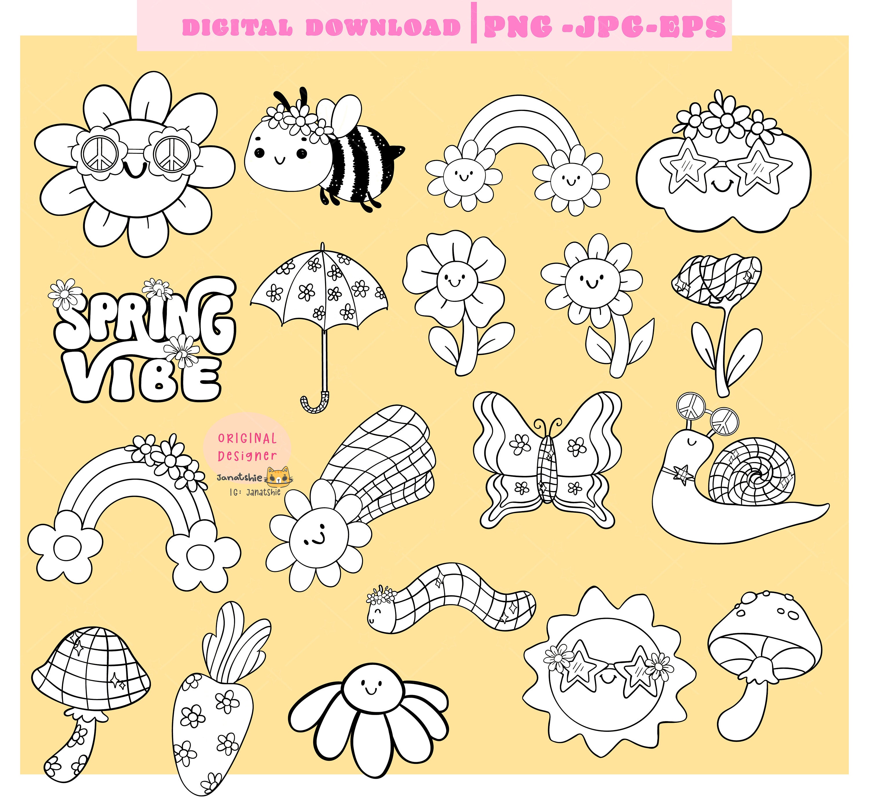 Groovy Spring Digital Stamp Retro Spring Coloring Doodle Outline Hippie ...
