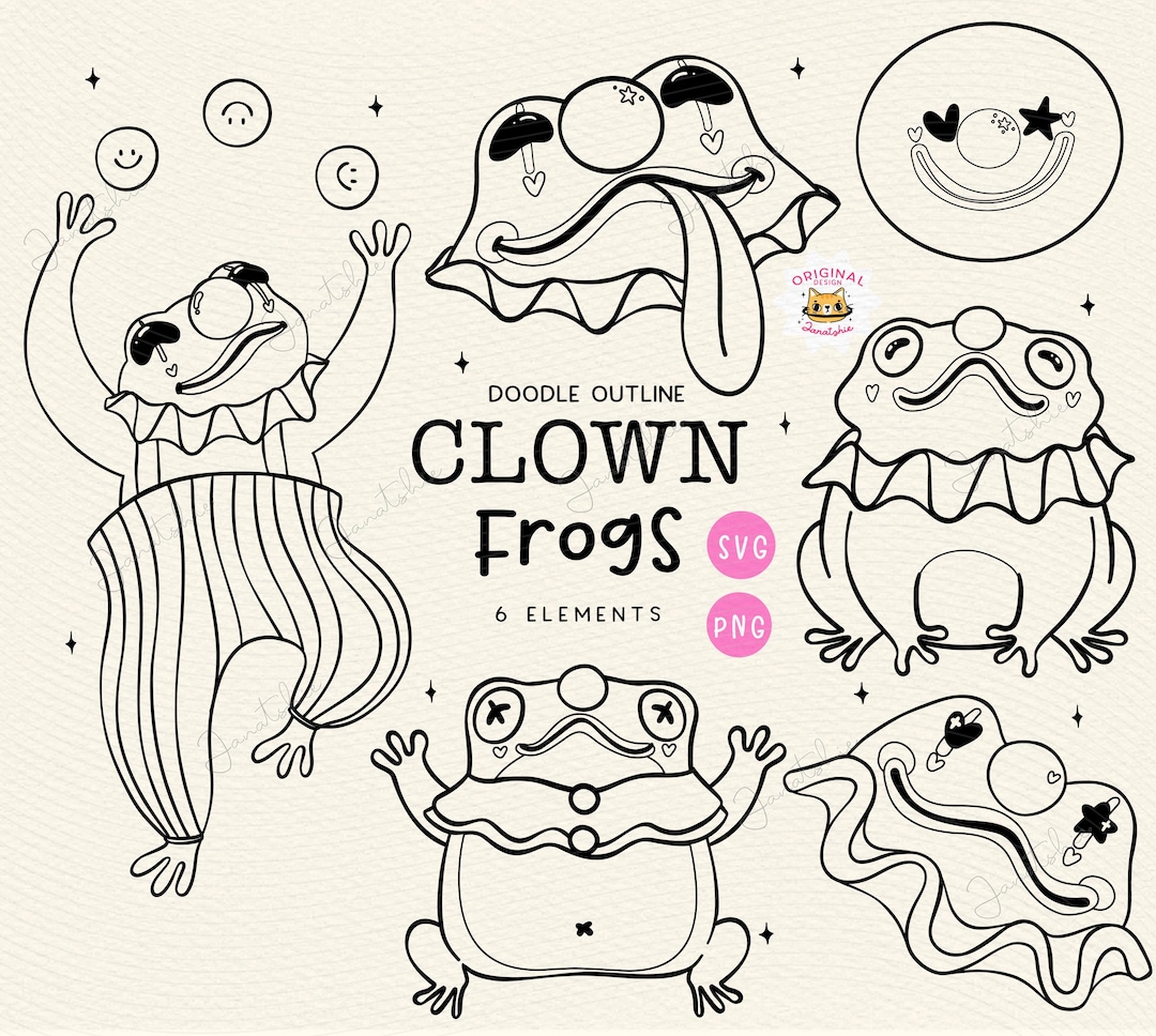 Retro Clown Frog Outline SVG, Clowncore Frog PNG, Bold Line Clipart ...