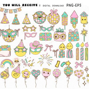 Retro New Year Clipart Bundle: Groovy Pastel Party Graphics (PNG, EPS ...