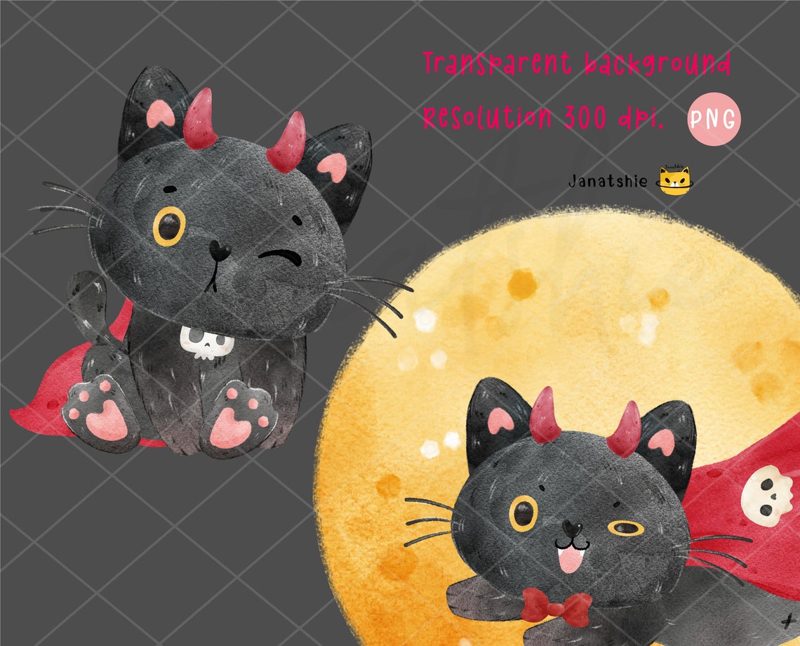 Halloween PNG Cute Vampire Cat Watercolor Black Cat and - Etsy