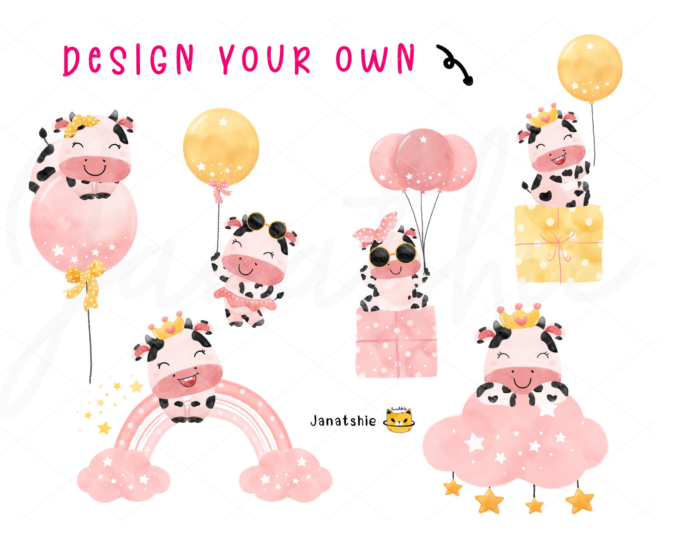 Watercolour Baby Cow Girl Clipart Set Pink Baby Shower - Etsy