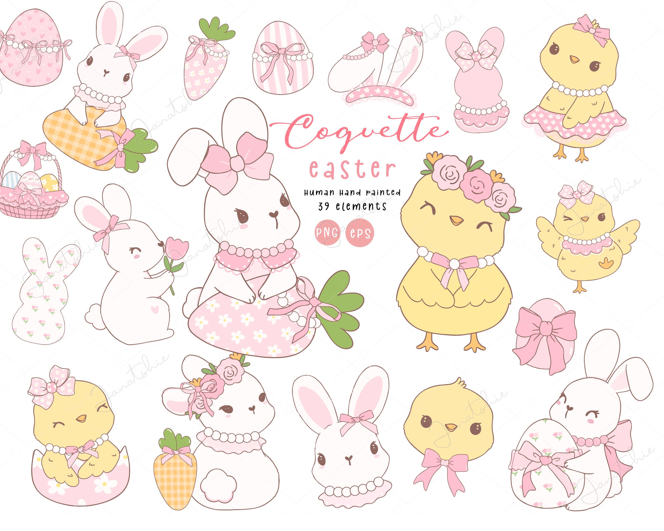 Coquette Easter Clipart PNG Set: Bunny, Chick, Peeps (digital Download ...