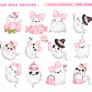 Pink Halloween Ghost Clipart Set: Coquette Pastel Watercolor PNG ...