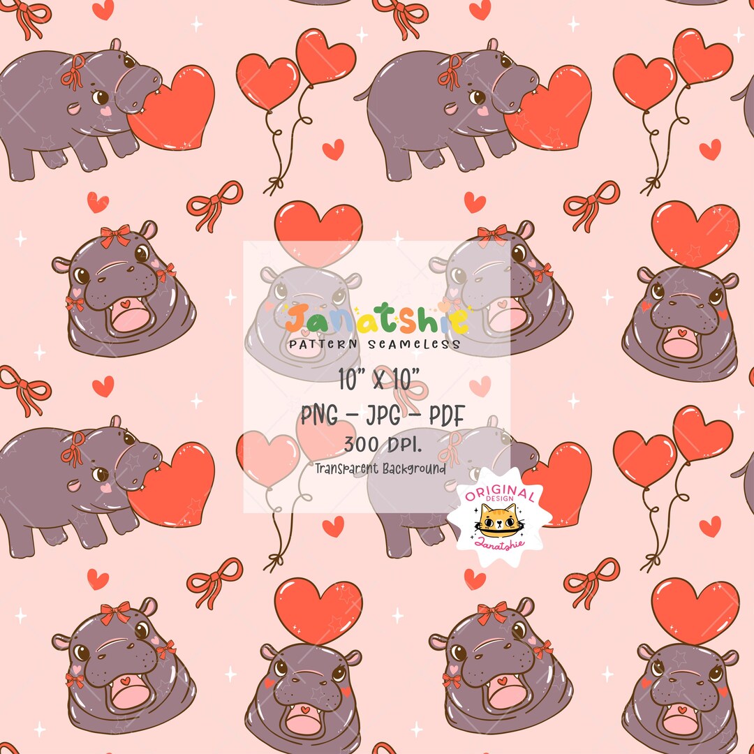 Retro Valentine Pygmy Hippo Seamless Pattern Bouncy Pygmy Hippo With ...