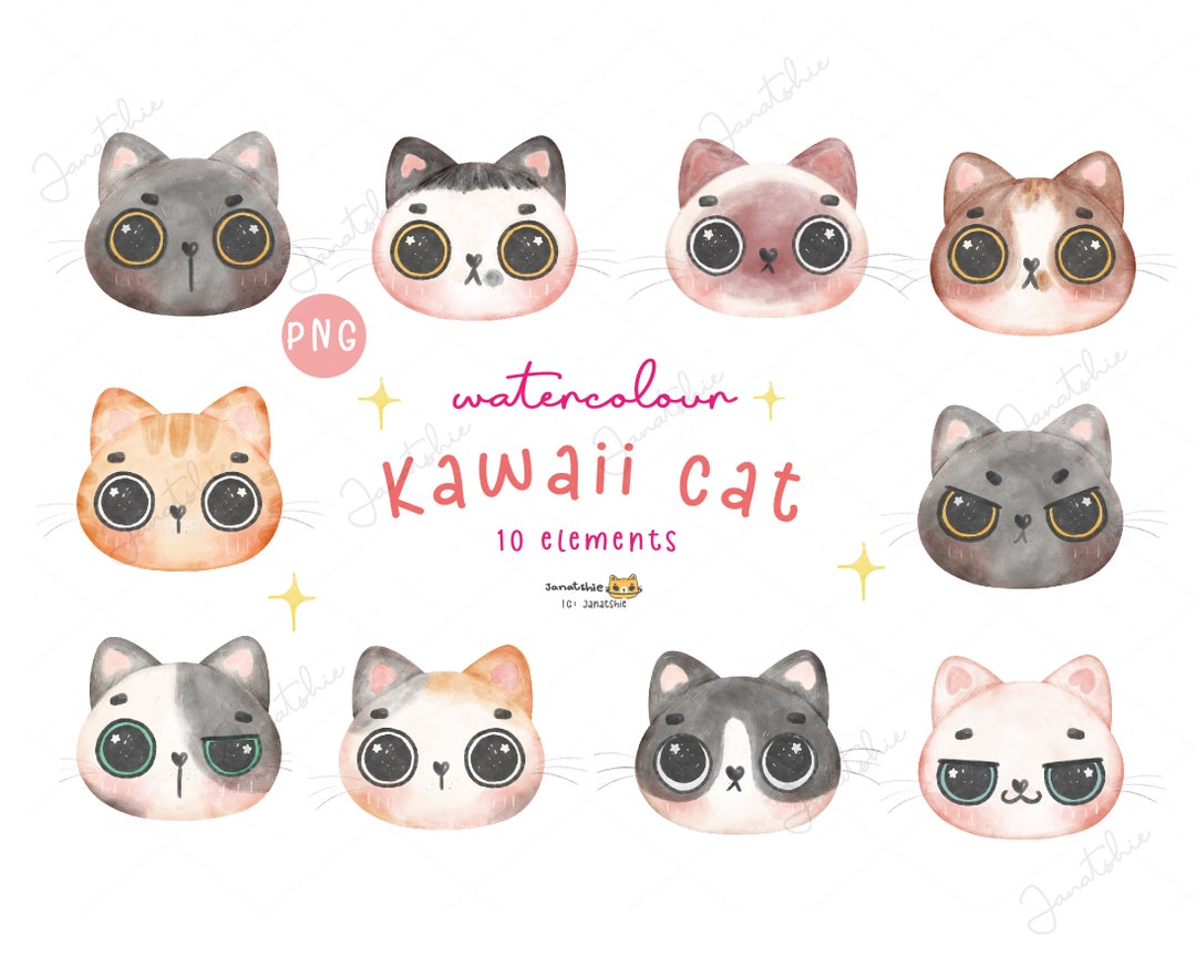 Watercolor Kawaii Cat Face Clipart | Funny Kitten Portraits PNG ...