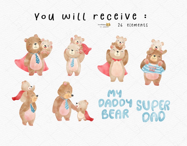 Fathers Day Bear Clipart: Daddy and Baby Watercolor PNG Set - Etsy