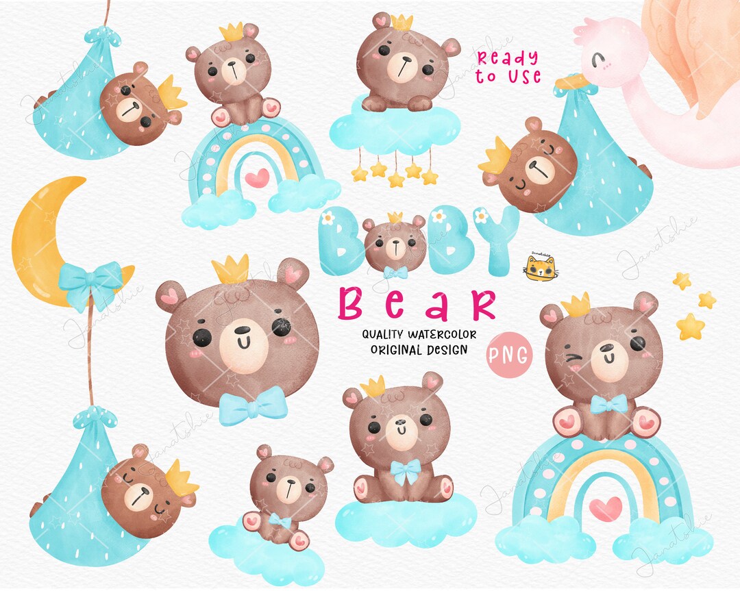 Baby Shower Bear Boy PNG Clip Art Set - Kawaii Nursery Teddy Bear ...