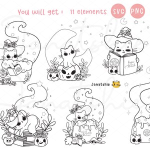 Witch Cat Halloween Clipart Set: Fantasy Doodle SVG, PNG, EPS (digital ...