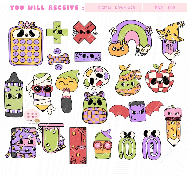 Groovy Halloween Clipart Bundle: Spooky School PNG Illustrations ...