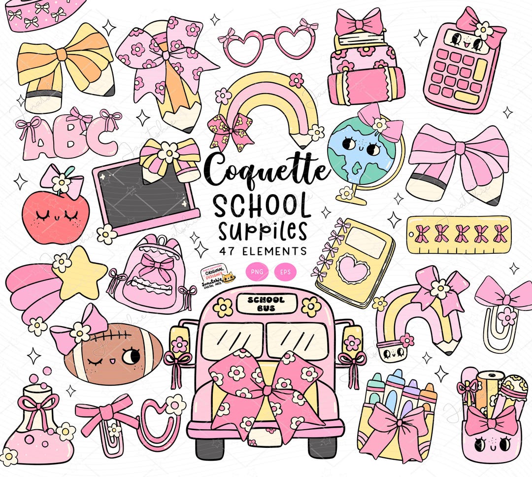 Coquette Groovy School Supply Cartoon Hand Drawn Clipart Set: Pink Bows ...