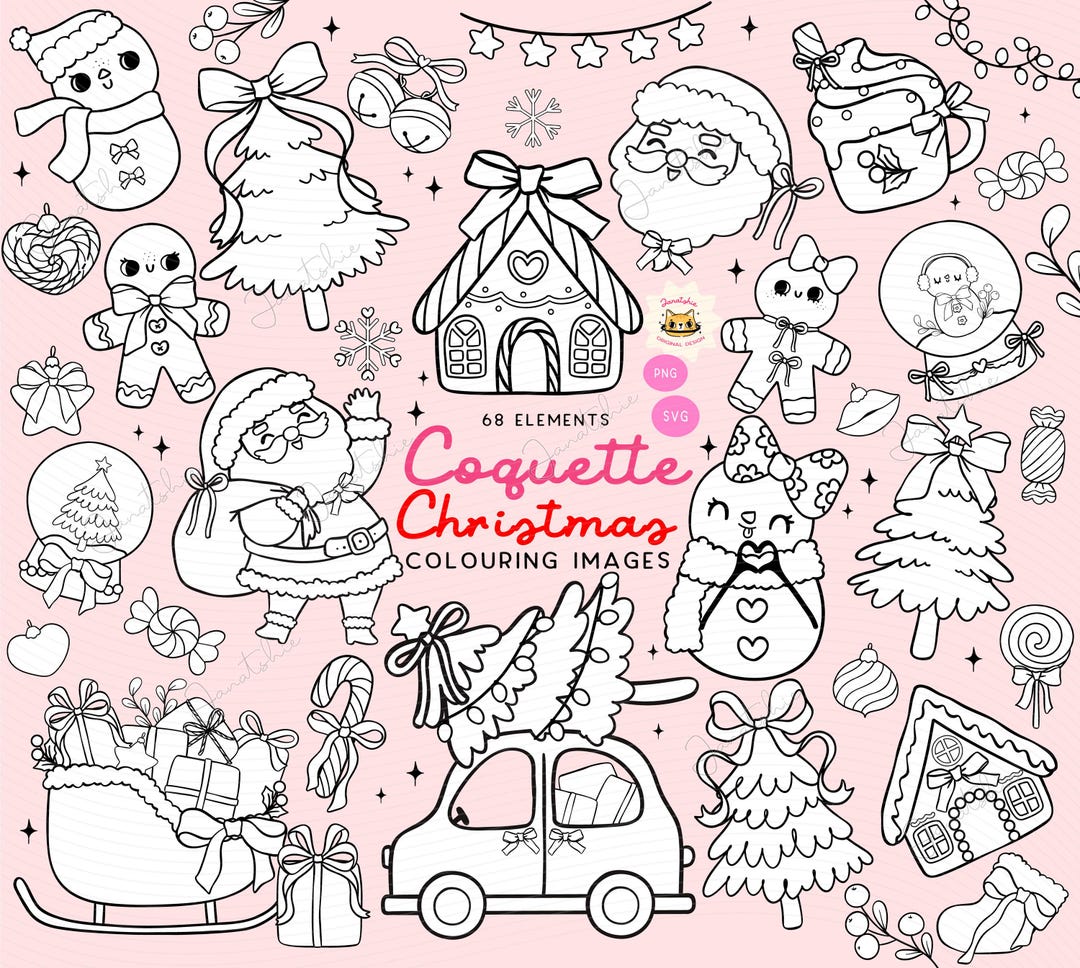Coquette Christmas Coloring Image Preppy Retro Christmas Black and ...