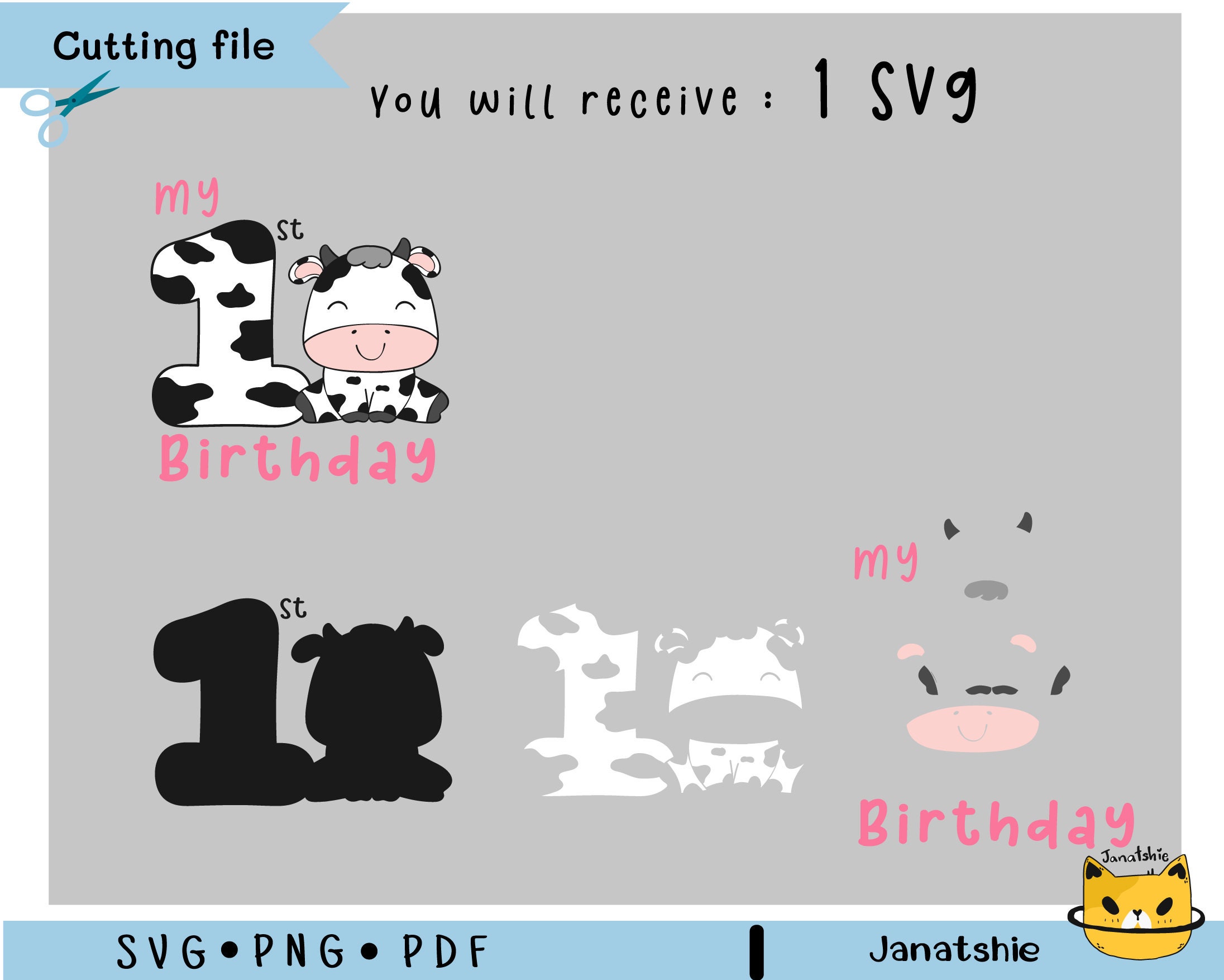 Cute Baby Cow First Birthday SVG 1st Birthday Farm Animal Clipart Kid ...