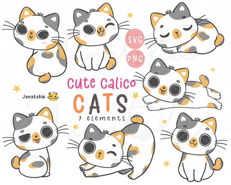 Cute Cat Clipart Kawaii Cat Png Clip Art Set Calico Cat Etsy
