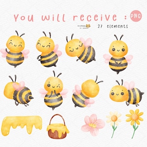 Honeybee Watercolor Clipart, Cute Baby Bee Png Clip Art in Kawaii ...
