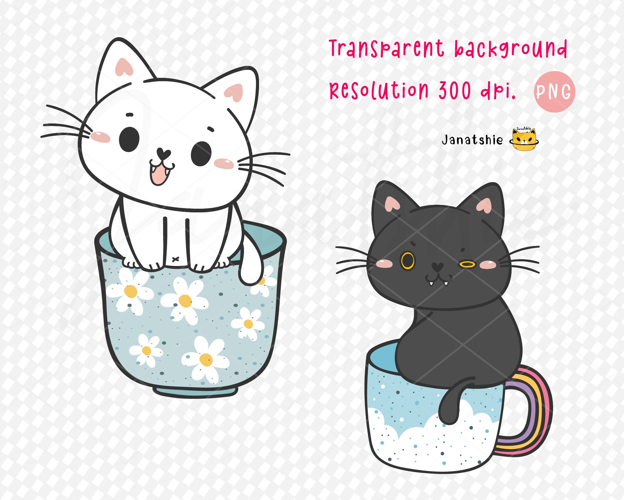 Kitten in Teacup Clipart: Kawaii Cat Doodle PNG Set - Etsy