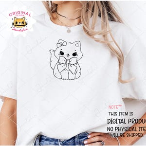 Coquette Cat Outline SVG, Girly Cat With Bow Whimsical Hand Drawn ...