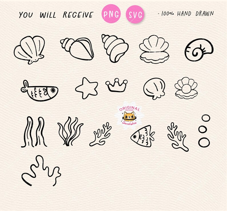 Kawaii Mermaid Cat Outline Clipart: Hand-drawn SVG & PNG - Etsy