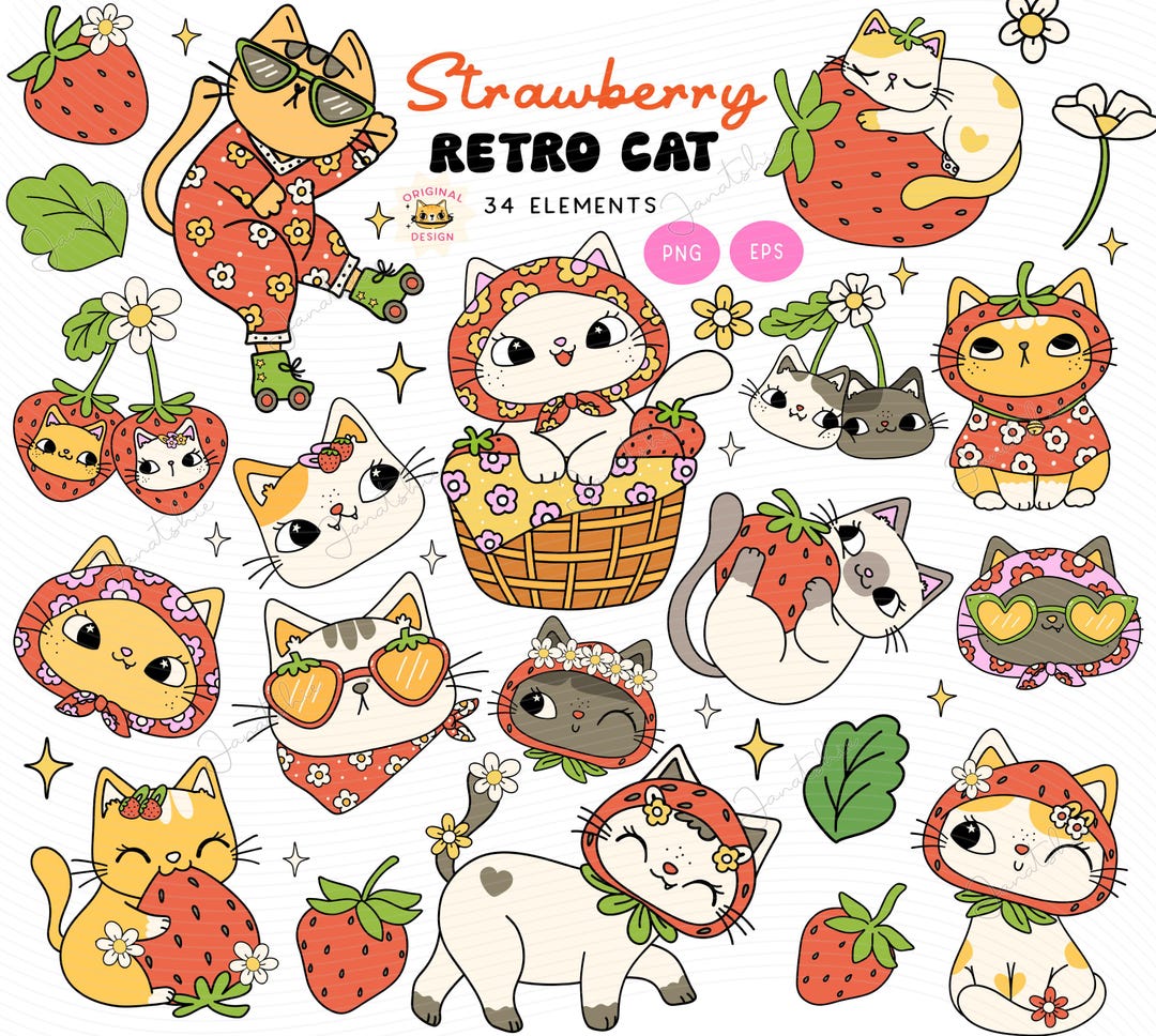 Retro Cat Groovy Clipart | Strawberry Cat PNG | Cottagecore Cat ...