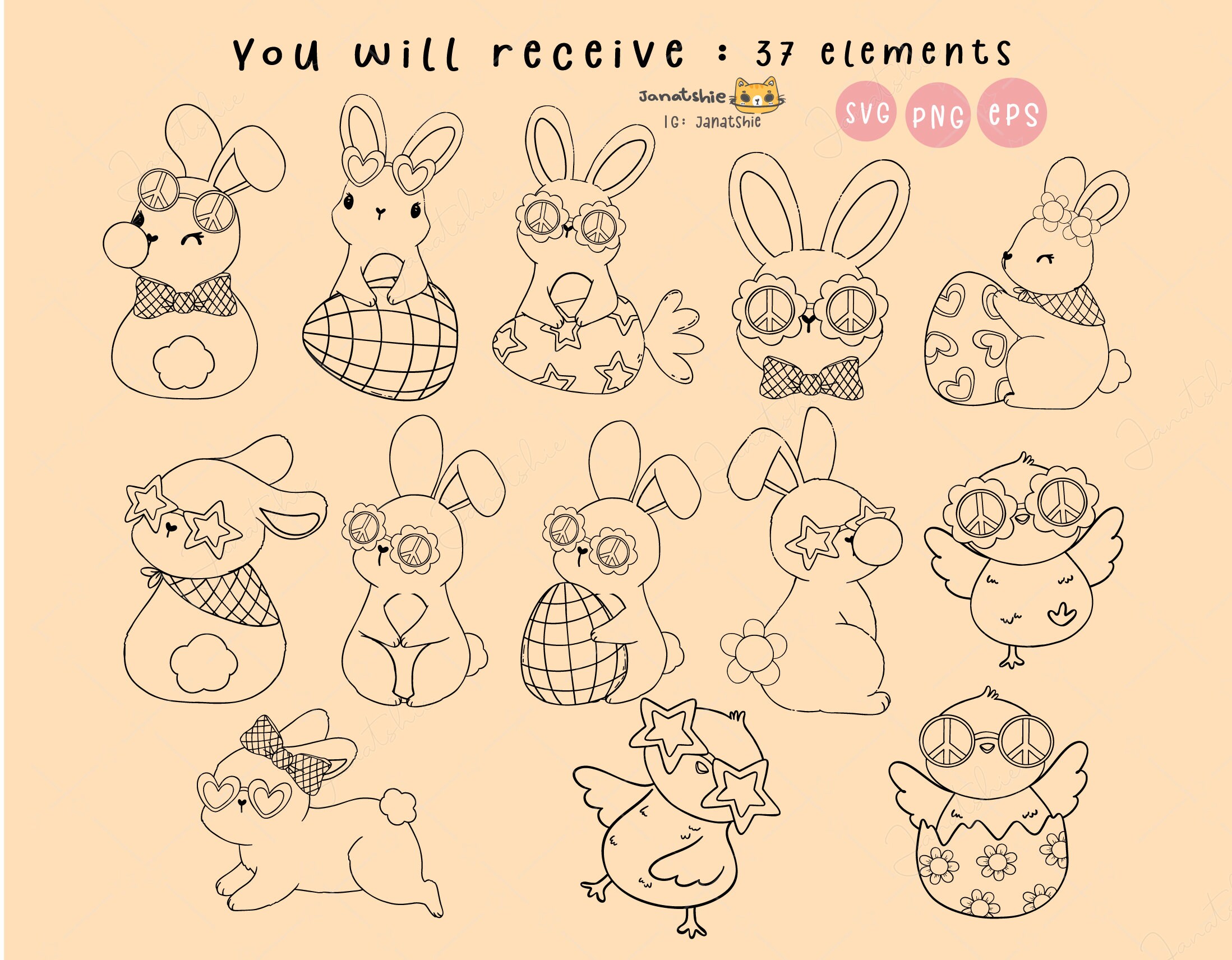 Groovy Easter Outline Svg Cut File Clipart Set, Cute Spring Cartoon ...