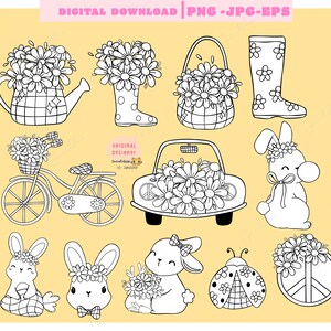 Groovy Spring Digital Stamp Retro Spring Coloring Doodle Outline Hippie ...