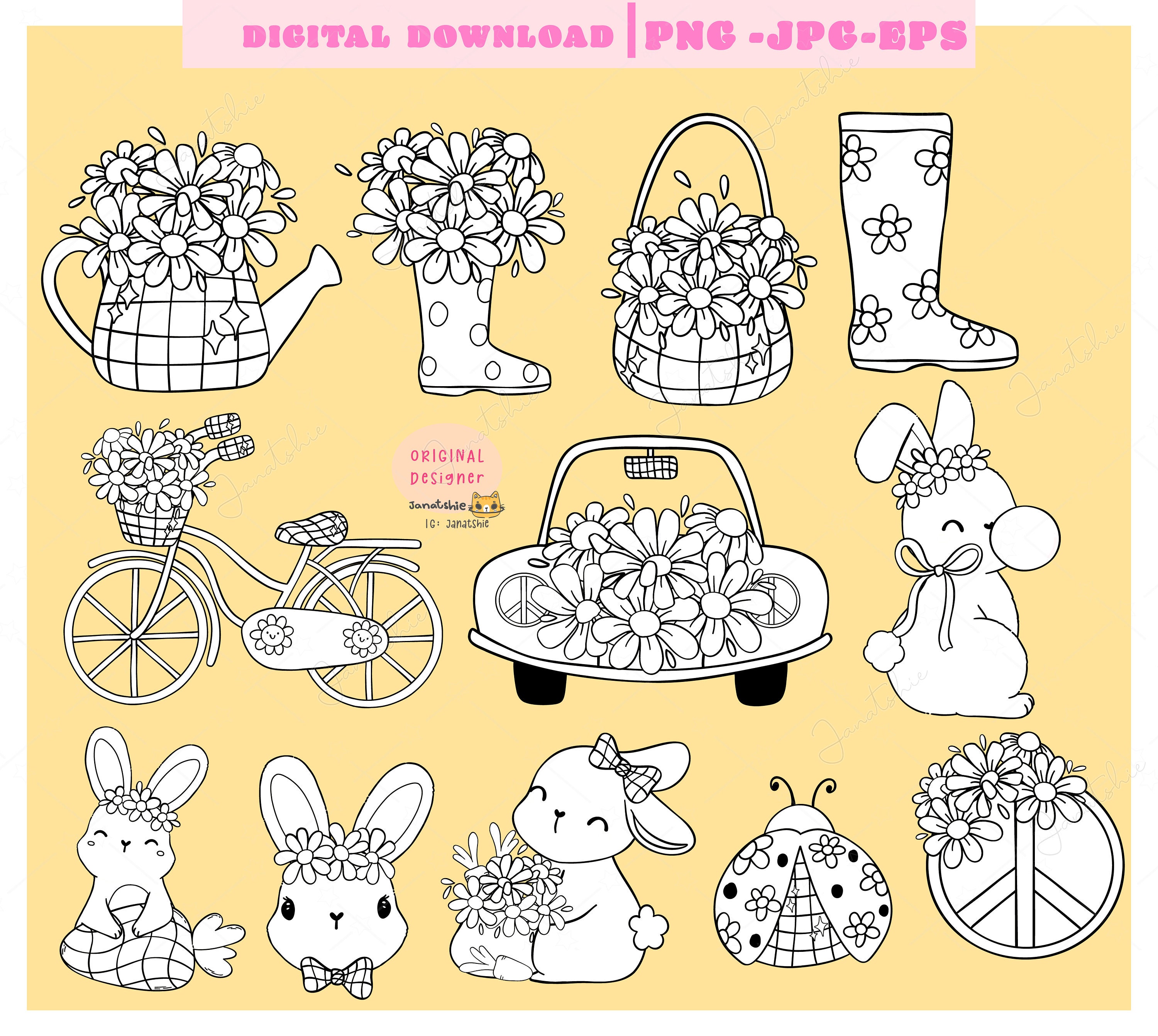 Groovy Spring Digital Stamp Retro Spring Coloring Doodle Outline Hippie ...