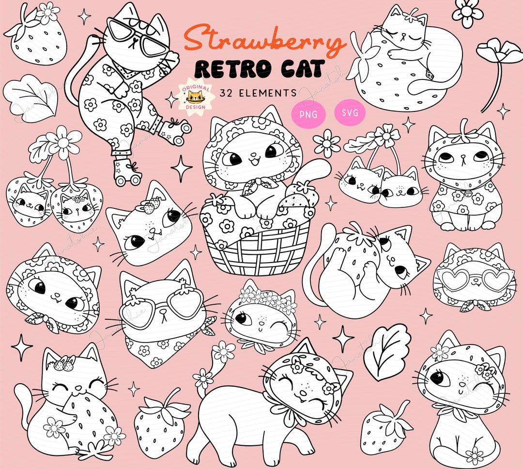 Retro Cat Groovy Clipart Strawberry Cat PNG Coloring Image Cottagecore ...
