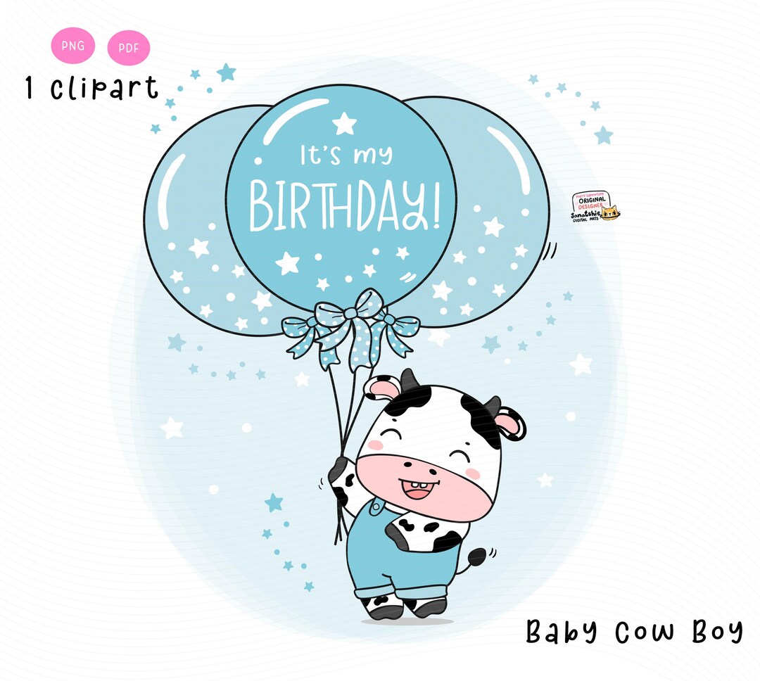 Baby Cow Birthday PNG, Blue Balloons Clipart (digital Download) - Etsy