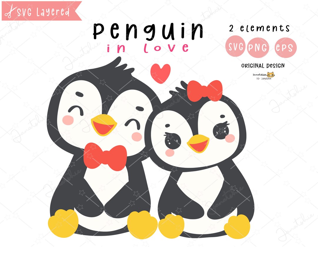 Valentine Penguin Couple Clipart: Hand-drawn Cartoon (SVG, PNG, EPS ...
