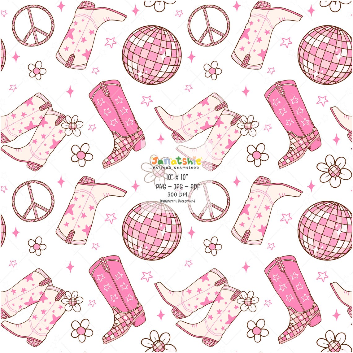 Groovy Disco Cowgirl Seamless Pattern: Western Digital Paper (PNG, JPG ...