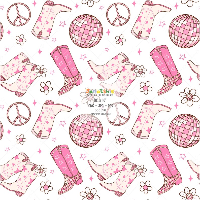 Groovy Disco Cowgirl Seamless Pattern: Western Digital Paper (PNG, JPG ...