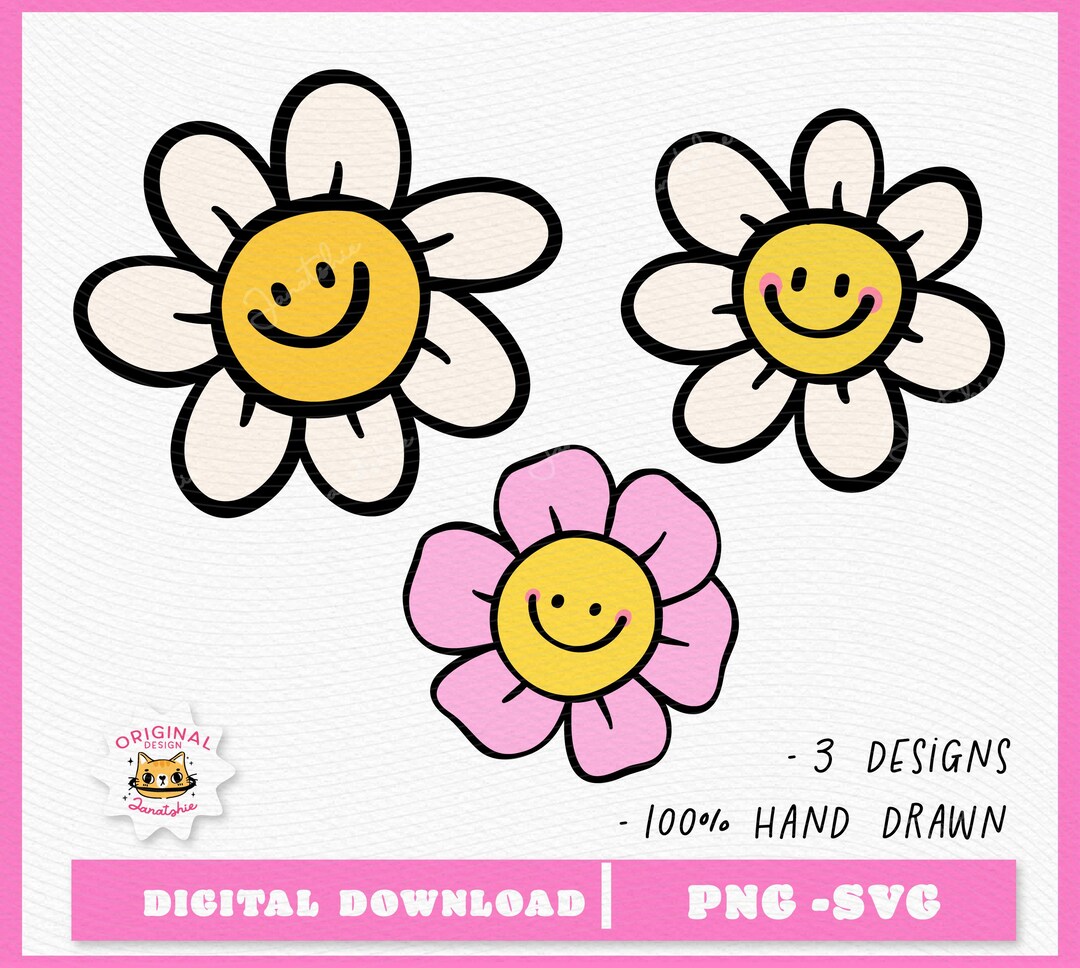 Retro Smiley Flowers SVG PNG | Hand-drawn Digital Sticker Printable - Etsy