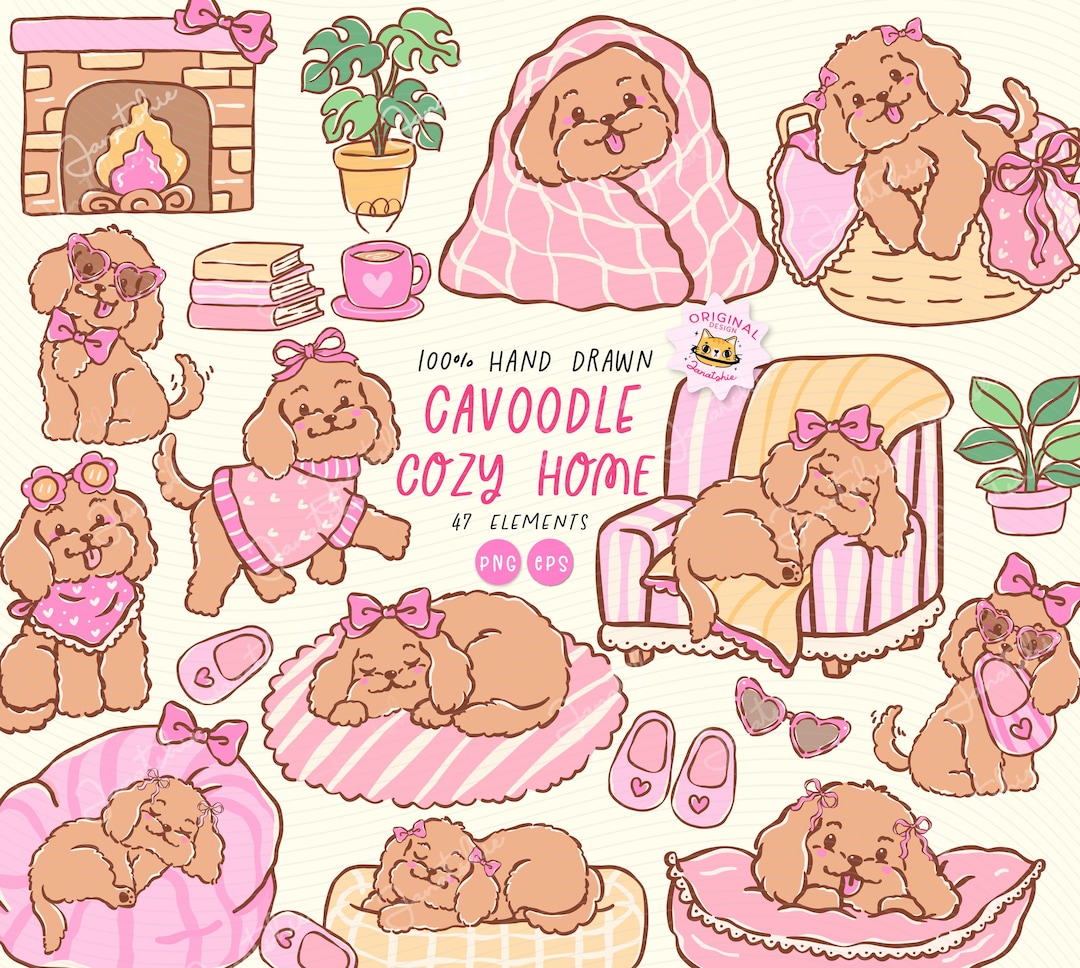 Caramel Cavapoo Dog Clipart Set: Girly Puppy Cavoodle Cozy Home Hand ...
