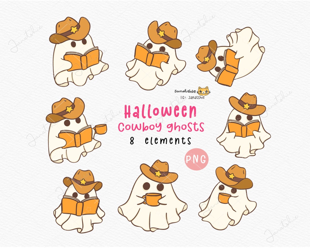 Cute Halloween Cowboy Ghost Set | Kawaii Western Ghost Clip Art Hand ...