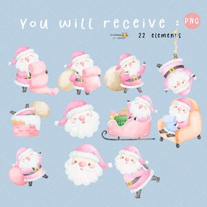 Pink Santa Watercolor Clipart: Retro Christmas Tree PNG (digital ...