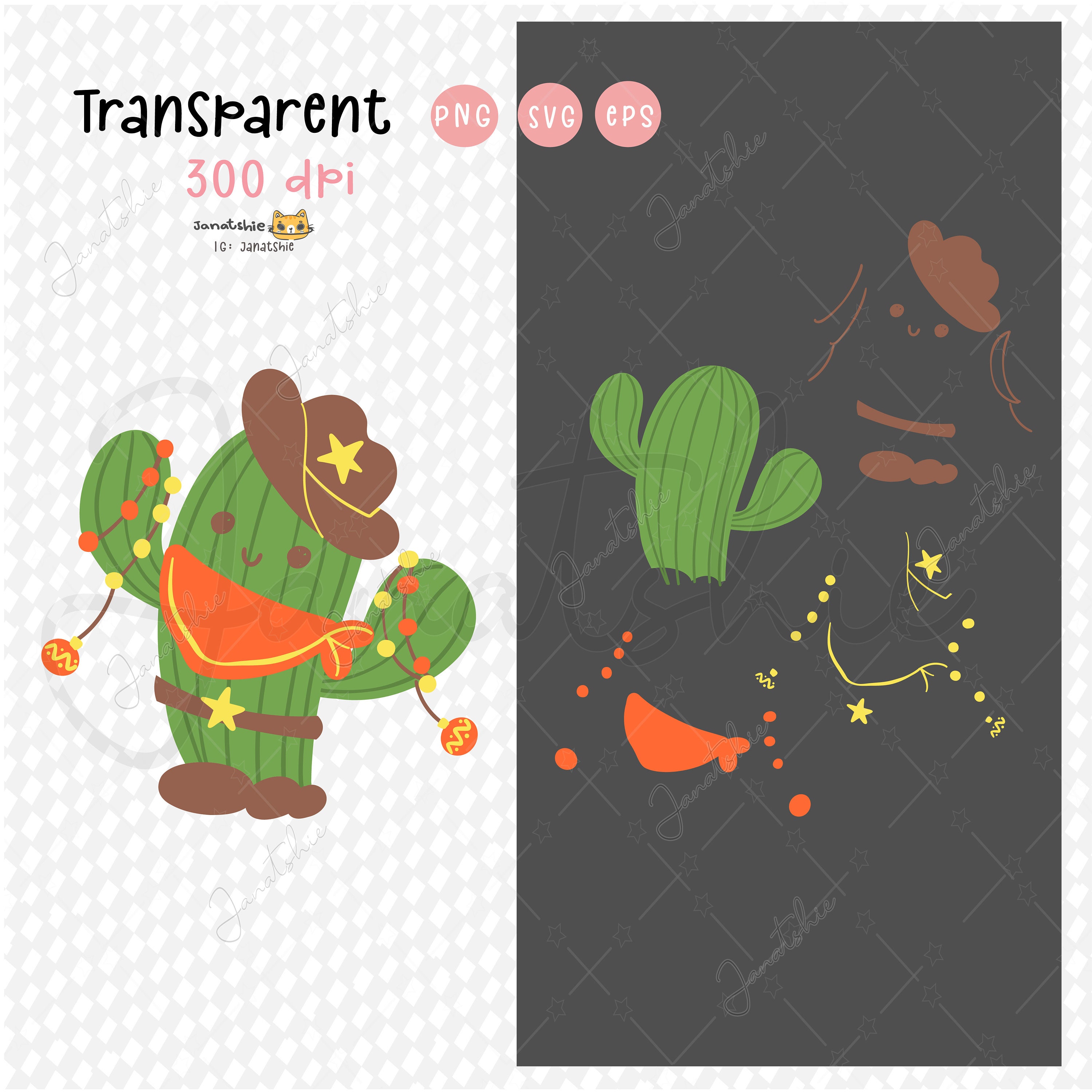 Christmas Cactus SVG Clipart Set in Kawaii Cowboy Style Png, Cute ...