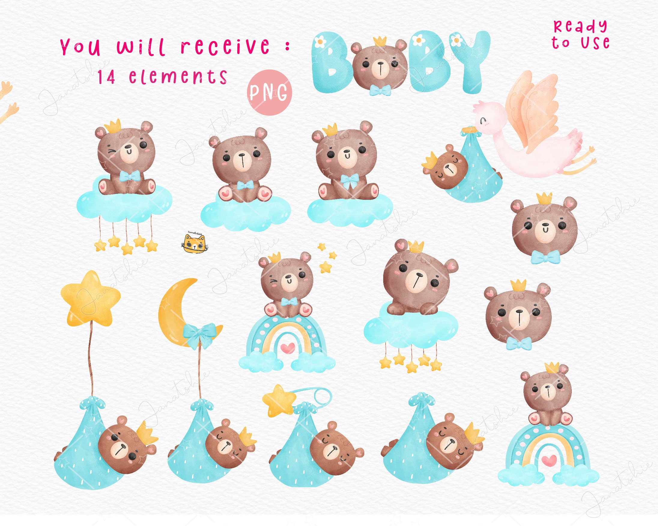 Baby Shower Bear Boy PNG Clip Art Set Kawaii Nursery Teddy - Etsy