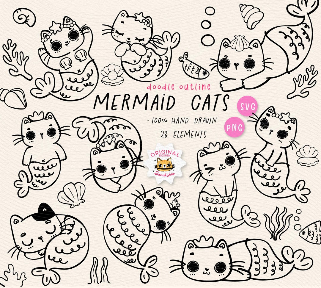 Cute Kawaii Cat Outline Mermaid Cat Doodle Outline Svg Digital Stamps ...